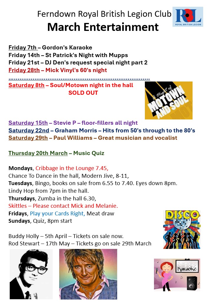 Entertainment This Month – Welcome to the RBL Club Ferndown